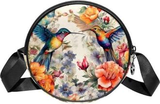 Generic Petit sac &agrave; bandouli&egrave;re rond pour femme, motif colibri floral avec fermeture &eacute;clair, bretelles r&eacute;glables, sac &agrave; main rond d&eacute;contract&eacute; pour femmes et f