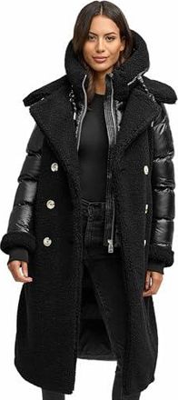 Navahoo Manteau dhiver pour femme (XS-XXL) - Capuche, int&eacute;rieur matelass&eacute;, manteau teddy avec ceinture - N119, Noir, XL