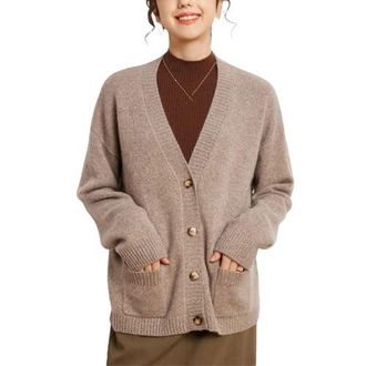 Generic Cardigan &agrave; col en V pour femme 100 % cachemire pull ample en tricot r&eacute;tro poches v&ecirc;tements dext&eacute;rieur, Caf&eacute; Hua, Taille Unique