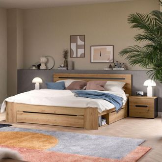 M&S Collection Ensemble lit avec rangement 184x205x87cm + 2 chevet naturel - KANUT