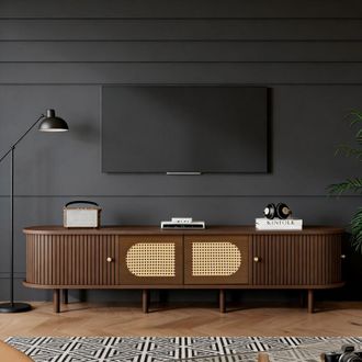 Liberte Meuble TV 180 cm noyer fonc&eacute;, rotin, portes coulissantes, pour TV jusqu&agrave; 80