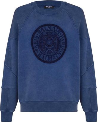 Balmain Homme, Sweatshirts et sweats &agrave; capuche, Bleu, Taille: S SweaT-shirt c&ocirc;tel&eacute; brod&eacute; &laquo; Coin &raquo;