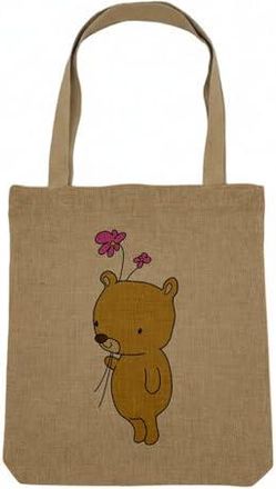 Fabulous Sac Shopping Tote Bag Aspect Lin - Ourson Fleurs Bouquet Peinture Enfant Dessin Mignon - Sac de Courses Toile Epaisse 360g Beige Naturel Cabas Port&eacute; E