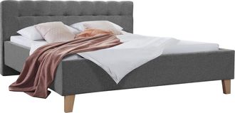 Ars Natura home24 Polsterbett Woodlake I 180 x 200cm Webstoff Mavie Beige mit Stauraum Eiche