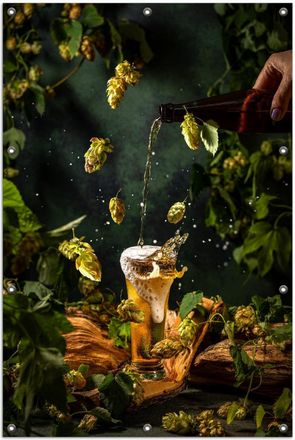 Wallario Outdoor-Poster f&uuml;r Garten oder Balkon Braukunst - Hopfenkaltschale, Motivbanner Gr&ouml;&szlig;e: ca. 100 x 150 cm, Outdoor-Bild