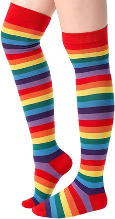 Blulu Damen Hohe Gestreifte Str&uuml;mpfe Socken Weihnachten Streifen Lange &Uuml;berkniestr&uuml;mpfe(Regenbogen Rot)