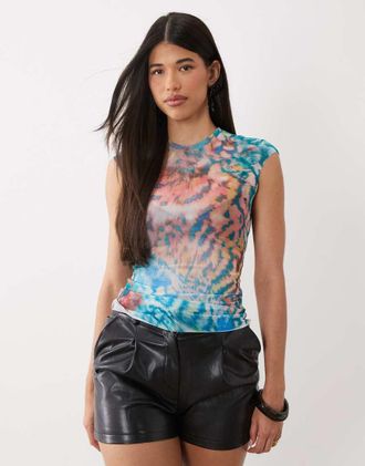 AFRM Nina - Netzstoff-Oberteil mit Fl&uuml;gel&auml;rmeln und Animalprint in Pastellfarben-Mehrfarbig