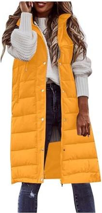 Generic 2026 Vestes pour femmes Mode Casual Veste rembourr&eacute;e Couleur unie Capuche Slim Gilet Temp&eacute;rament sans manches Cardigan Long Manteau, jaune, XXL