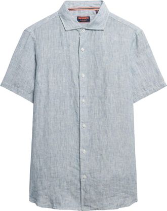 Superdry Herren Vacation Hemd mit kurzen Ärmeln aus Leinen Marineblau Ticking Leinen XXXL