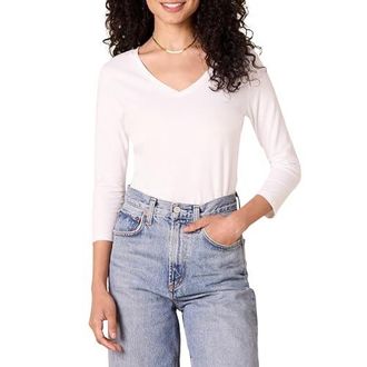 Amazon Essentials T-Shirt à Manches 3/4, Col en V, Coupe Classique (Disponible en Grande Taille) Femme, Blanc, L