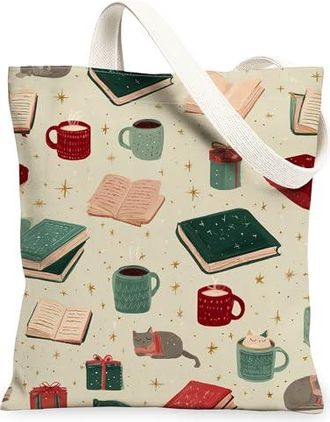 Generic Cozy Cat Sac fourre-tout en toile avec motif de lecture vintage, sacs d&eacute;picerie r&eacute;utilisables, l&eacute;gers et lavables avec bandouli&egrave;re en toile, cr&egrave;me, 13