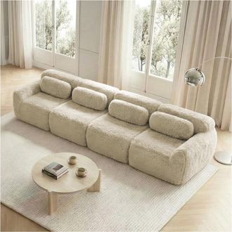 Generic Modernes 2-Sitzer-Sofa, modulares Sofa, rutschfeste Basis, mit 2 Kissen, extra breite ergonomische Armlehnen,for Lesen und Arbeiten(Caqui Claro+Peluch