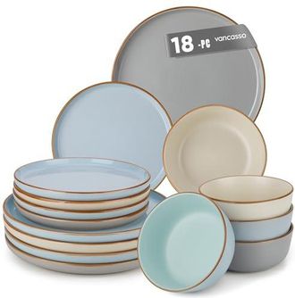 VANCASSO RENO Service 18 Pièces 6 Personnes, Grès - Assiettes Plates, Dessert et Bols - Lavable Micro-ondes, 3 Couleurs Bleu/Gris/Beige, 2 de chaque