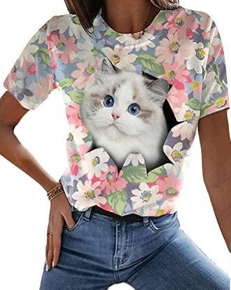 Onsoyours Femme T-Shirt 3D Chat Imprimer Tops Blouse col Rond Sport Hauts avec Motif Chemise Court Vêtement de Sport Casual Manches Courtes B Style-1 XS