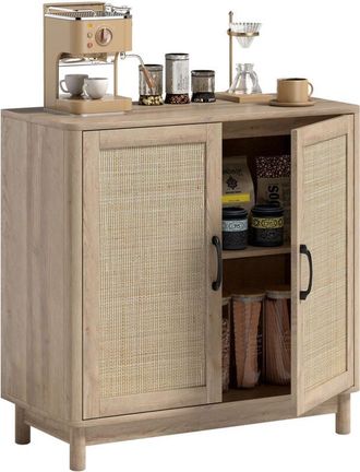 HOMCOM Buffet - HOMCOM - 2 portes en rotin, &eacute;tag&egrave;re r&eacute;glable et bords arrondis - panneau de particules - 76 x 35 x 75,5 cm - ch&ecirc;ne