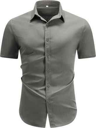 AlltheMen Chemise en Lin Homme Boutonnée Manches Courtes Shirt Casual Couleur Unie Eté T-Shirt Regular Fit Gris XXL