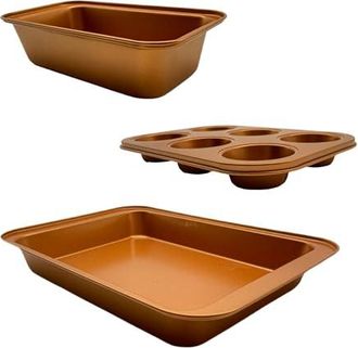 Relaxdays Backformen Set 3-TLG., Muffinblech, Kastenform, Bratform, antihaftbeschichtet, Carbonstahl, bis 230 &deg;C, Kupfer