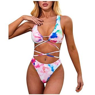 Generic Maillot De Bain Shorty Femme- Ensemble Bikini Tie-Dye pour Maillot De Bain Sexy &agrave; Bretelles Tenue De Plage