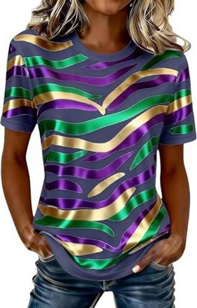 Generic T-shirt d&eacute;contract&eacute; &agrave; manches courtes et col rond pour femme - Imprim&eacute; abstrait &agrave; rayures color&eacute;es - T-shirt d&eacute;t&eacute; doux et extensible pour le travail, 