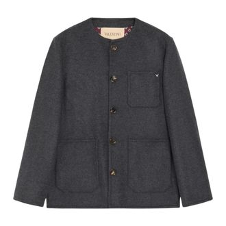 Valentino Doppelter Wollmantel mit metallischem V-Detail - - Jackets - Herren - Grau - L