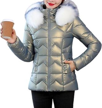 Generic Veste &agrave; capuche en fausse fourrure pour femme - Coupe ajust&eacute;e - Avec capuche en fausse fourrure - Avec fermeture &eacute;clair - Manteau dhiver court brillan