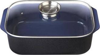 GSW Stahlwaren GmbH Rechteckiger Bräter mit Glasdeckel und Aromaknopf, 40 x 26 x 11 cm, 8 Liter, Aluguss, Blau/Schwarz/Transparent