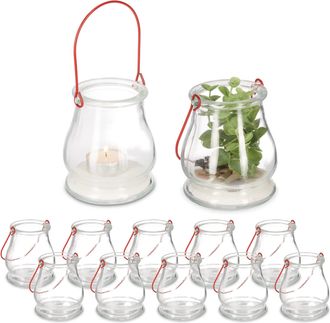 Relaxdays Windlicht, 12er Set, aus Glas, mit Henkel, innen & au&szlig;en, Teelichthalter, HxD: 10 x 8,5 cm, transparent/rot