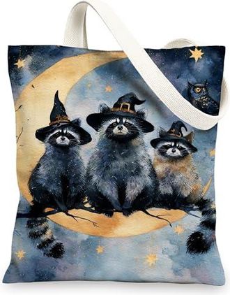 Generic Sacs fourre-tout fantaisistes en toile de raton laveur, sacs dépicerie réutilisables, légers et lavables avec bandoulière, bleu, 13x15 Inch