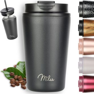 Milu Thermobecher 400ml - 100% Auslaufsicher - Edelstahl Kaffeebecher to go isoliert mit Strohhalm hält 10h heiß / 20h kalt, BPA-frei (Schwarz, 400ml)