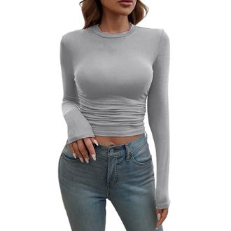 Generic Chemises de sport à manches longues pour femme, pull à coupe ajustée, pour lautomne et lhiver, col rond, hauts de sortie, t-shirts basiques, Chemises 