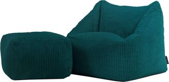 Icon Brand Natalia Sitzsack Kinder mit Hocker, Blaugr&uuml;n, Flauschiger Cord Stoff, Sitzsack Cord mit F&uuml;llung, Bequemer Kinder Sessel, Kuschelsessel, Lese Sessel, S