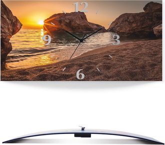 Artland Wanddeko Wanduhr ohne Tickgeräusche Alu Quarzuhr 50x25 cm Rechteckig Lautlos Strand Meer Felsen Sonnenuntergang Sonne Urlaub Maritim S7LF