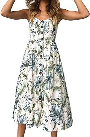 Generic Robe amincissante boh&egrave;me pour femme, robe d&eacute;t&eacute; d&eacute;contract&eacute;e &agrave; col rond, sans manches, coupe midi, kaki, 4XL