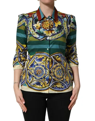 Dolce & Gabbana Womens Multicolor Majolica Print Cotton Blouse Top Elastane