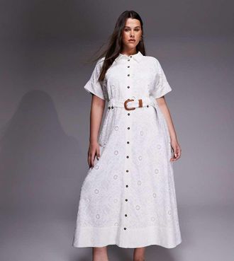 Forever New Robe chemise mi-longue &agrave; manches courtes en broderie anglaise - Blanc