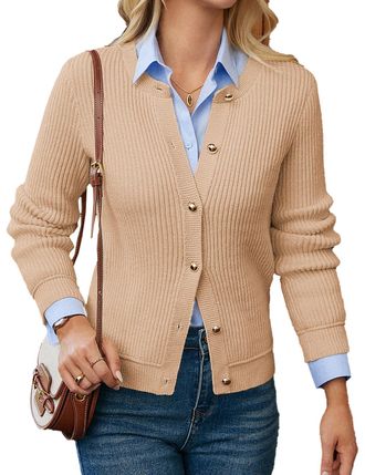 Grace Karin Cardigan Damen Kurz Rundhalsausschnitt Langarm Strickjacke Damen Herbst Winter Blazer Business Outfit Khaki M