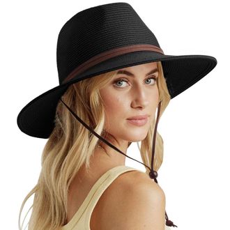 Dreshow Damen Panama Hut Sommer Breiter Krempe Stroh Fedora Sommerhut Strandhut UV Sonnenhut mit Kinnriemen Verstellbare Strohhut UPF 50 +