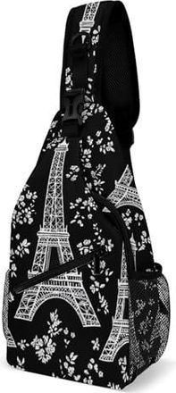 Generic Sacoche Homme Bandouliere Tour Eiffel de Paris Fleur Noir et Blanc Polyester Sacs &agrave; Bandouli&egrave;re Mode Sac &agrave; Dos Militaire pour Homme Femme Randonn&eacute;e