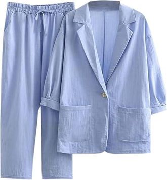 Generico Ensemble de vêtements dété pour femme en deux pièces, combinaisons larges confortables de couleur unie, combinaison grande taille, manches longues, bl