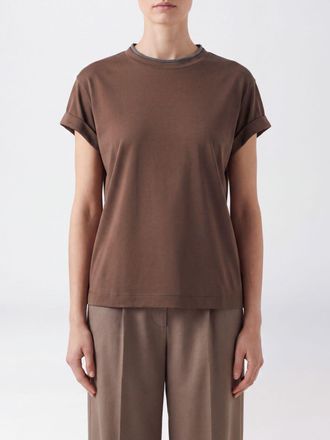 Brunello Cucinelli T-shirt &agrave; col rond en coton stretch avec broderie Monili