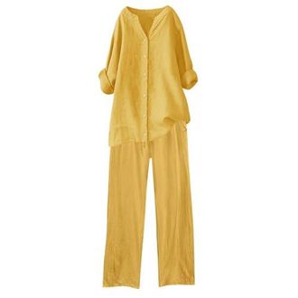 Generic Surv&ecirc;tement deux pi&egrave;ces pour femme en lin d&eacute;contract&eacute; &agrave; col rond et manches 3/4, pantalon &agrave; jambe large avec poches, v&ecirc;tement de d&eacute;tente pour femme, p