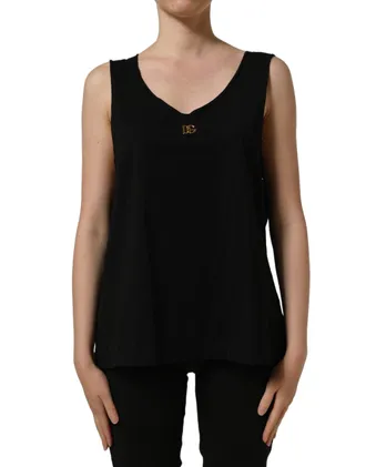Dolce & Gabbana Womens Black Gold Dg Logo Cotton Sleeveless Tank Top