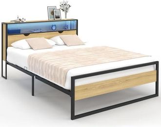 IDMarket Lit Double Detroit LED intégrés dans la tête de lit et sommier 140 x 190 cm Effet Bois et métal Noir Design Industriel