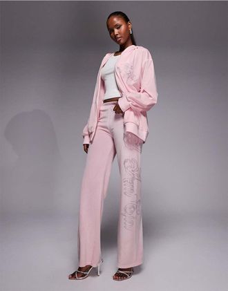 I.AM.GIA Daria - Pantalon de surv&ecirc;tement densemble en velours &agrave; logo &agrave; strass - Rose pastel