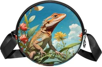 Generic Petit sac &agrave; bandouli&egrave;re circulaire pour femme, motif l&eacute;zard fleur, sac &agrave; dos &agrave; bandouli&egrave;re avec fermeture &eacute;clair, bretelles r&eacute;glables, sac &agrave; main rond