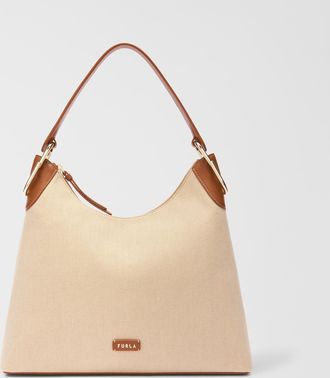 Furla Clarissa Schultertasche L Naturale+cognac H Beige Canvasgewebe + Sidney-kalbsleder Damen