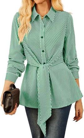 Grace Karin Chemisier ray&eacute; &agrave; manches longues pour femme avec col &agrave; revers, ceinture &agrave; la taille, boutons, haut business, vert, L