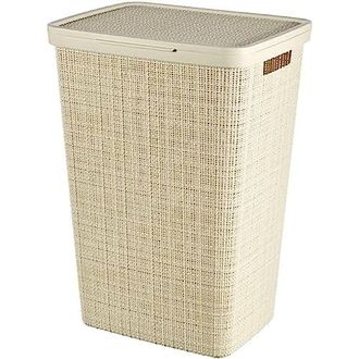 Curver Coffre à Linge Jute 58L - Bac à Linge Sale avec Couvercle - Bonne Aération - Poignées Ergonomiques - pour Salle de Bain ou Buanderie - 70% recyclé - 4