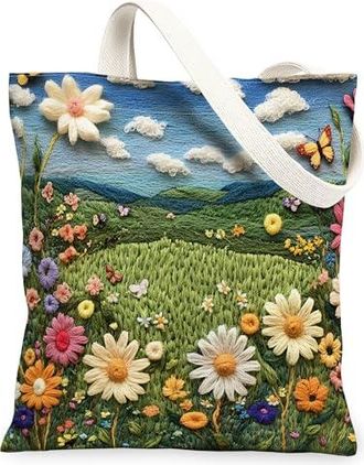 Generic Sac fourre-tout en toile motif marguerites printani&egrave;res 33 x 38,1 cm, sac d&eacute;picerie r&eacute;utilisable pour femme, motif floral, d&eacute;coration cadeau