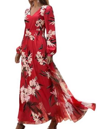 Onsoyours Robe Maxi Femme Col en V Longue Imprim&eacute; Florale Taille Haute Robes De Soir&eacute;e El&eacute;gante Manches Longues Plage Casual Swing Party Robe A Rouge XXL